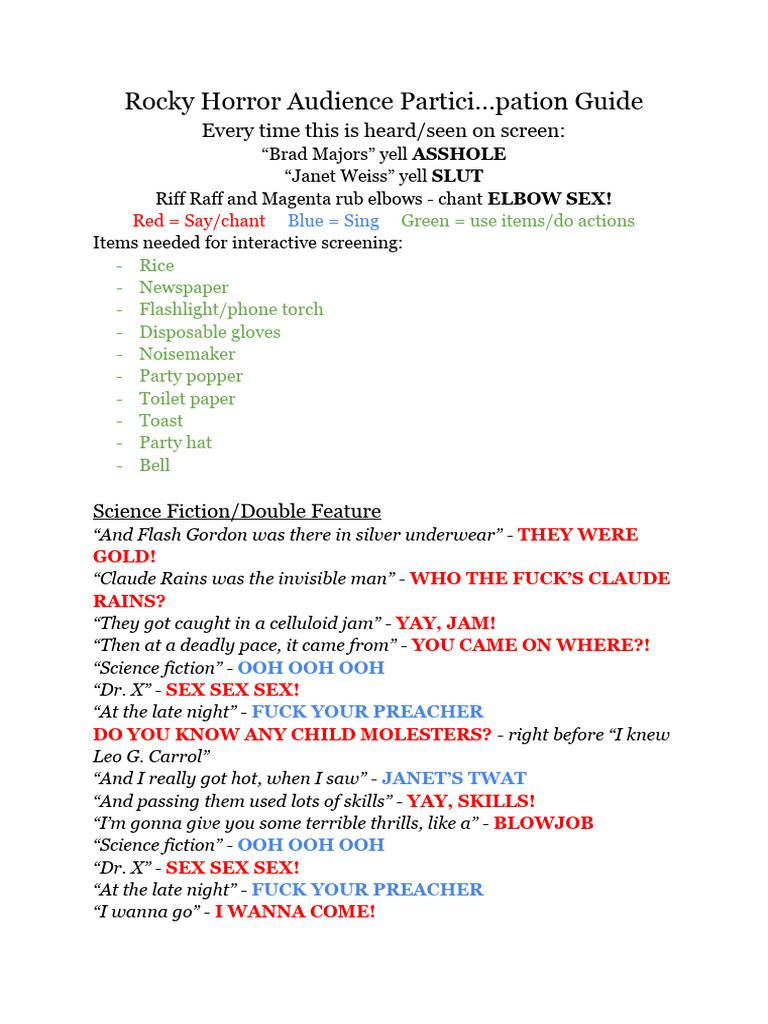 Rocky Horror Audience Partici Pation Guide | PDF | Art