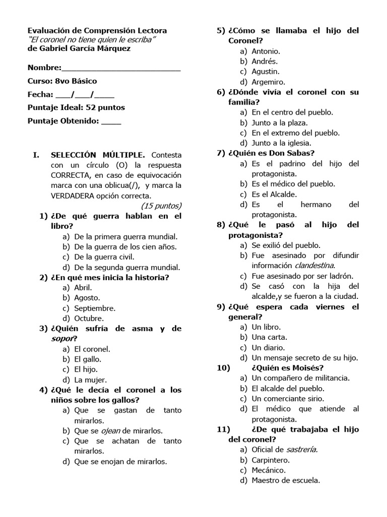 EVALUACION (8tavo) El Coronel... | PDF