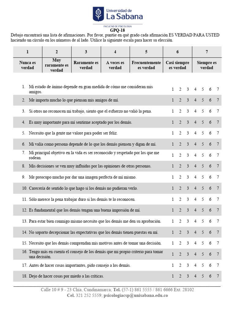GPQ-18 (Generalized Pliance Questionnaire) UNISABANA | PDF