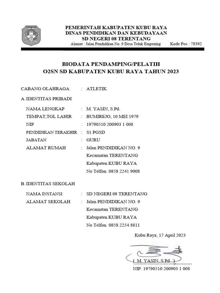 Biodata Pendampng O2SN 2023 | PDF