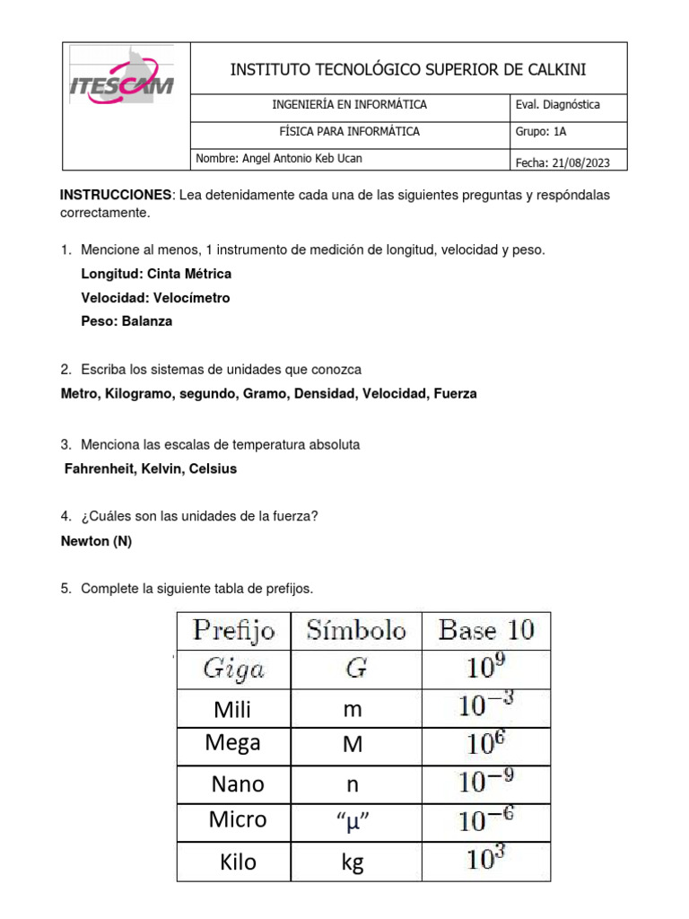 Evaluación Diagnóstica - Fisica para Informatica - Antonio - Keb | PDF | Métodos y materiales de ...