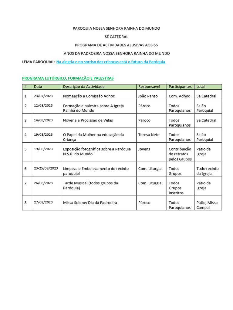 Programa Da Actividade Da Padroeira Rainha Do Mundo 2023-2 | PDF