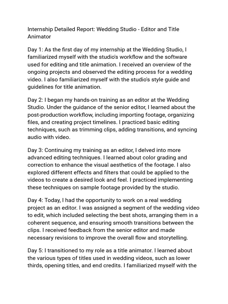 Internship Detailed Report - Wedding Studio - Editor and Title Animator ... Internship Detailed Report - Wedding Studio - Editor and Title Animator ...