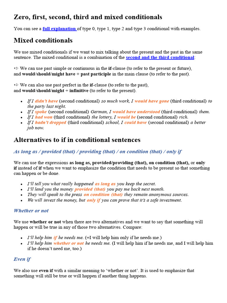 All Conditionals - Mixed Conditionals, Alternatives To If', Inversion | PDF | Grammar | Linguistics