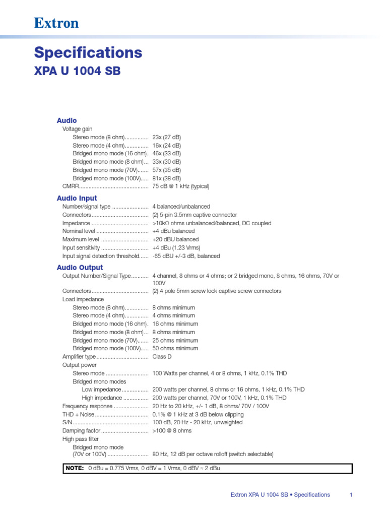 Specifications: Xpa U 1004 SB | PDF