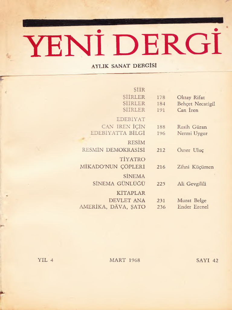 Yeni Dergi Yıl 1968 Sayı 42 Mart 1968 - - н5Эл63 | PDF