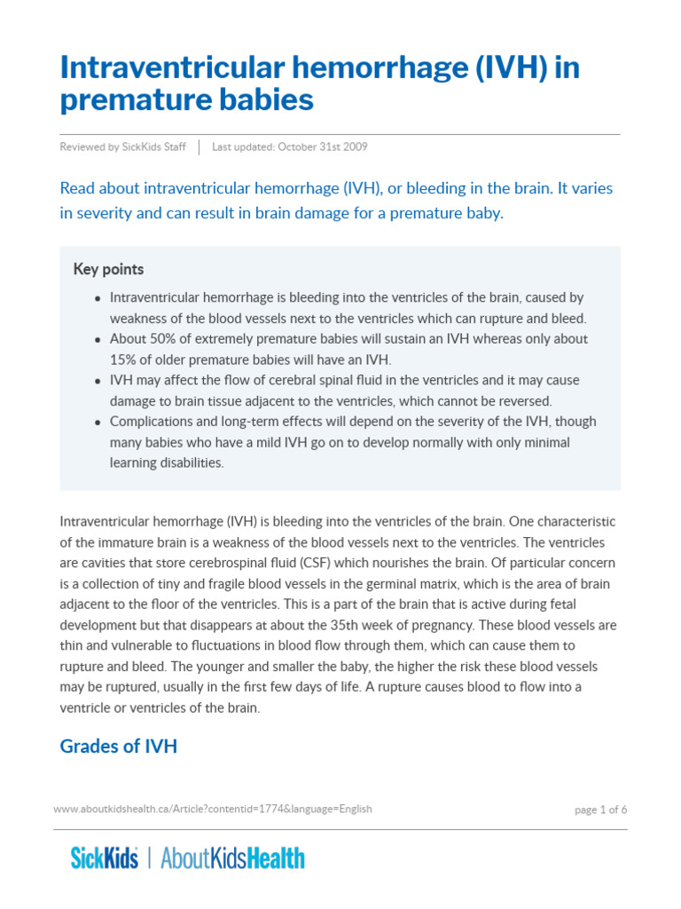 Intraventricular Hemorrhage (IVH) in Premature Babies | PDF ...