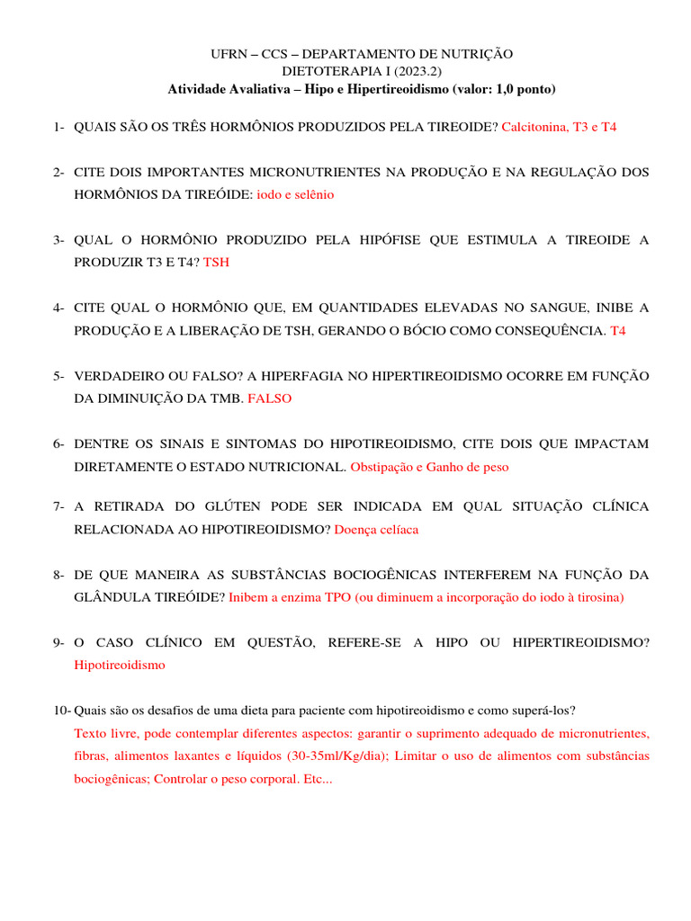 Atividade Avaliativa Tireóide - Gabarito | PDF | Autoajuda | Ciências e Matemática