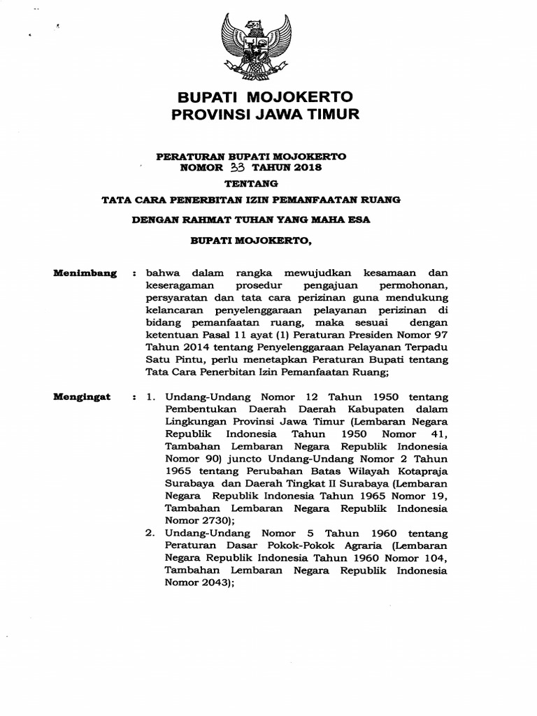 Perbup No 33 2018 TTG Tata Cara Penerbitan Izin Pemanfaatan Ruang | PDF