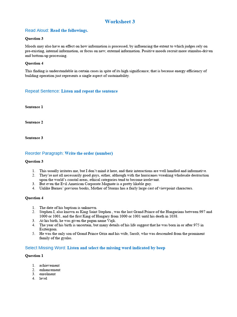 PTE Worksheet 3 | PDF