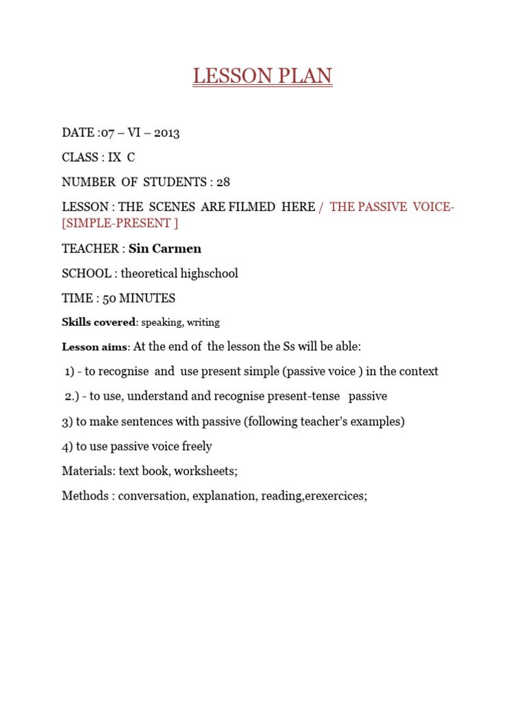 Passive Voice Lesson Plan | PDF | Lesson Plan | Verb