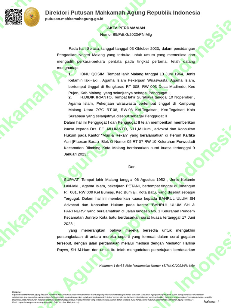 Akta Perdamaian Kasus Perdata Malang | PDF