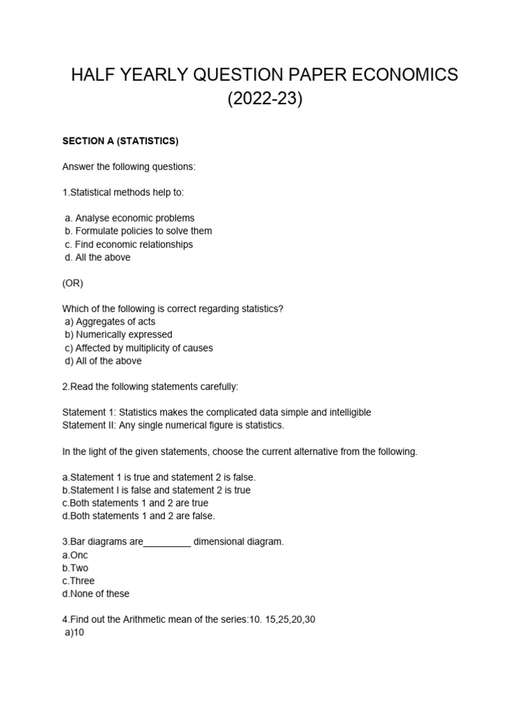 Half Yearly Question Paper Economics (2022-23) | PDF | Demand | Demand ...