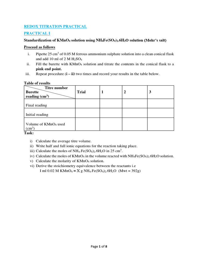 Redox Titration Practical | PDF | Titration | Chemistry