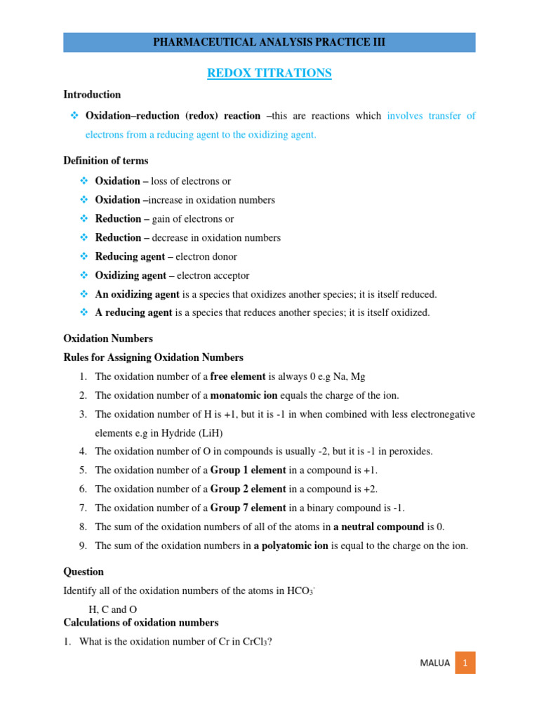 Redox Tirtations Word. | PDF | Titration | Chemistry