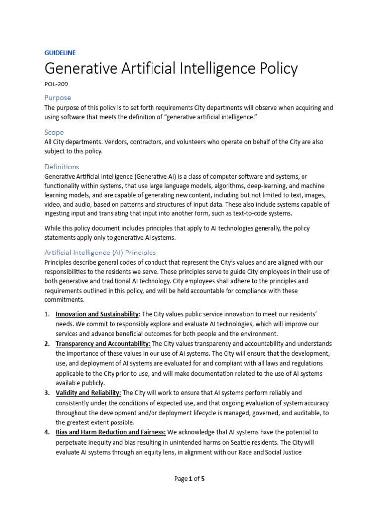 City of Seattle Generative Artificial Intelligence Policy | Download ...