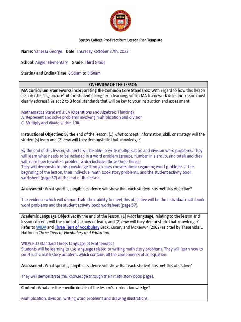 Boston College Pre-Practicum Lesson Plan Template: Three Tiers of ...