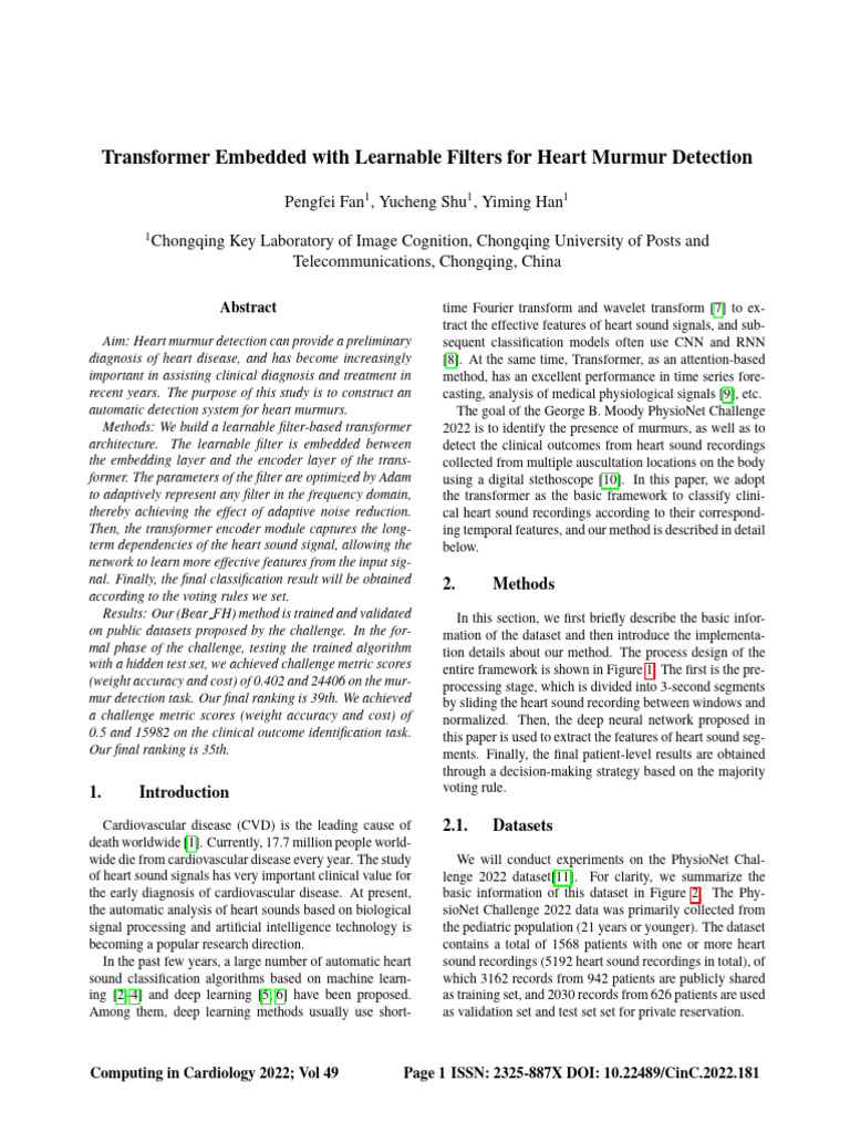 Transformer Embedded With Learnable Filters For Heart Murmur Detection