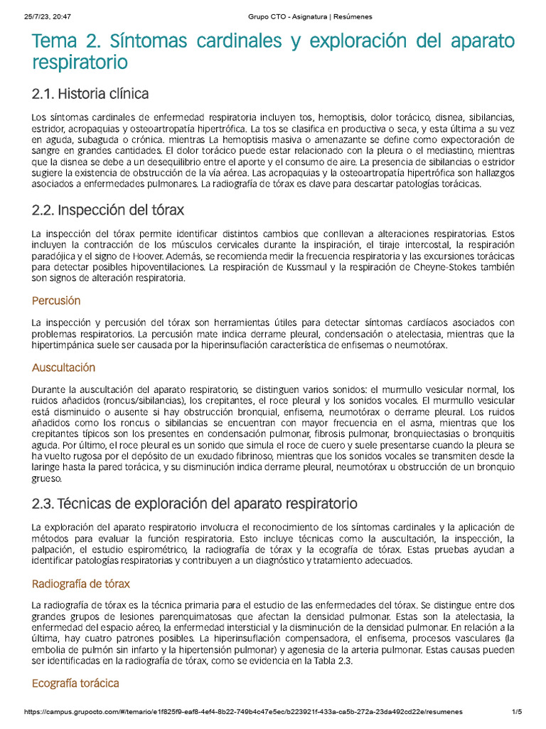 Tema 2. Síntomas Cardinales y Exploración Del Aparato Respiratorio | Descargar gratis PDF ...