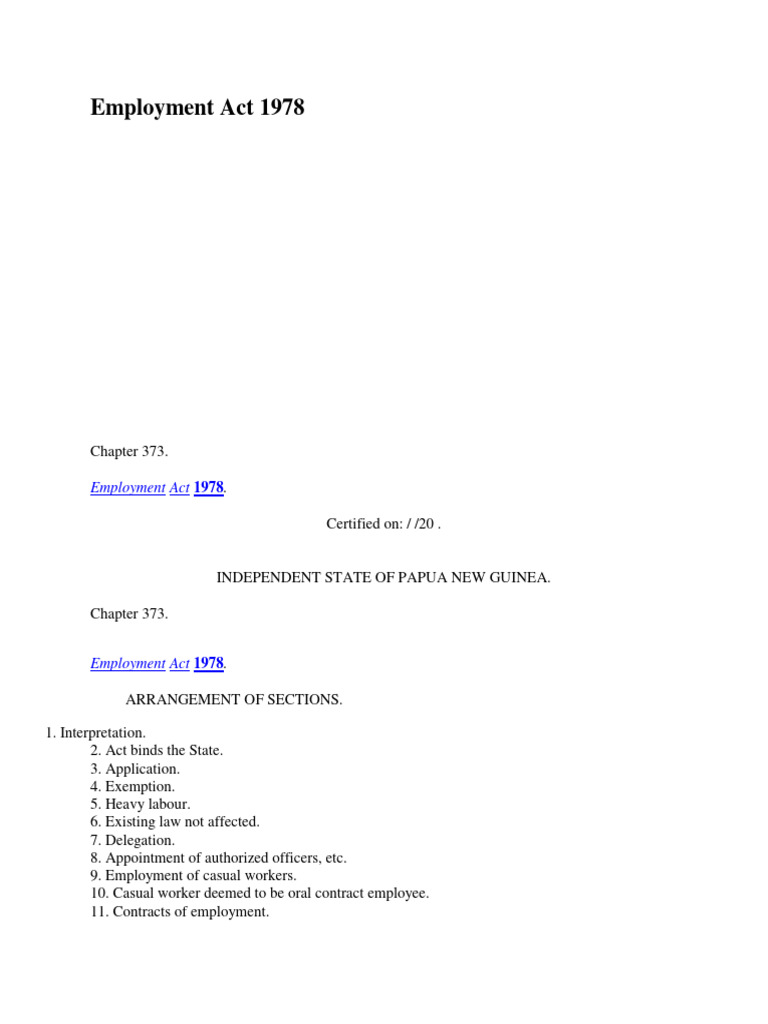 Papua New Guinea Employment Act 1978 | PDF | Employment | Overtime