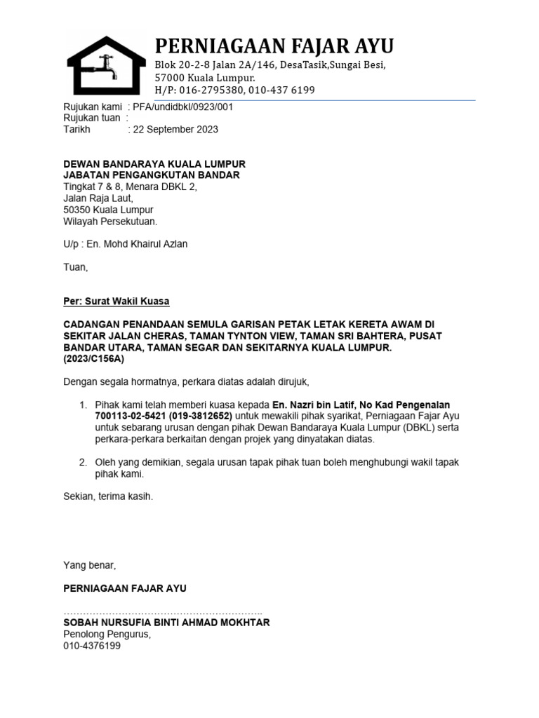 Surat Wakil Kerja DBKL | PDF