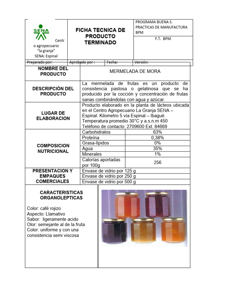 Ficha Tecnica de Producto Terminado Sena | PDF | Comida y bebida | Nutrición