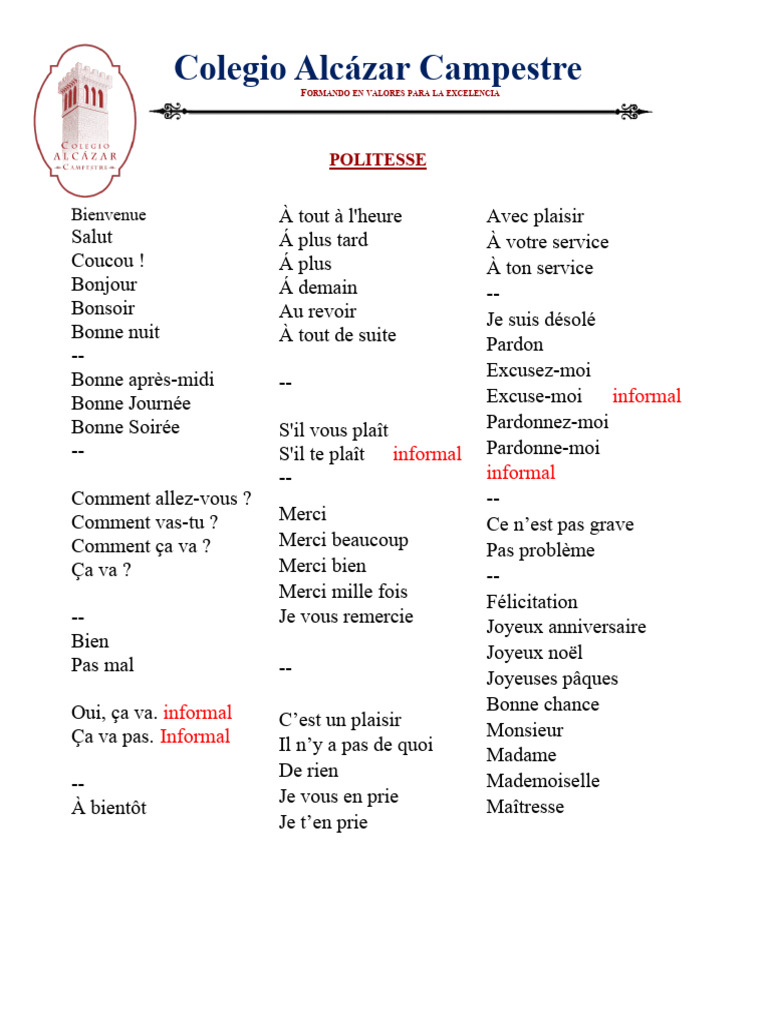 Politesse Et Phrases Utils | PDF | Communication humaine | Conventions ...