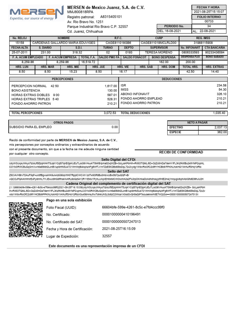 Recibo de Nómina MERSEN México | PDF