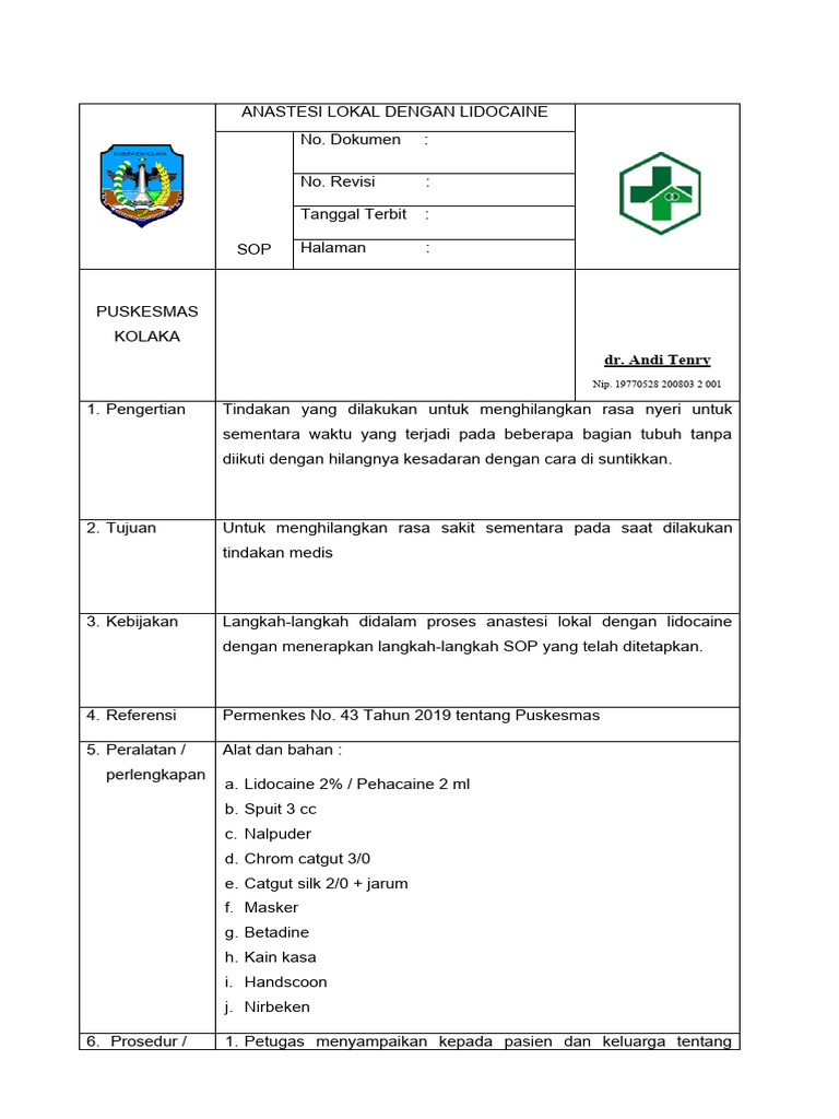 3411 Sop Anastesi Lokal Dengan Lidocaine | PDF