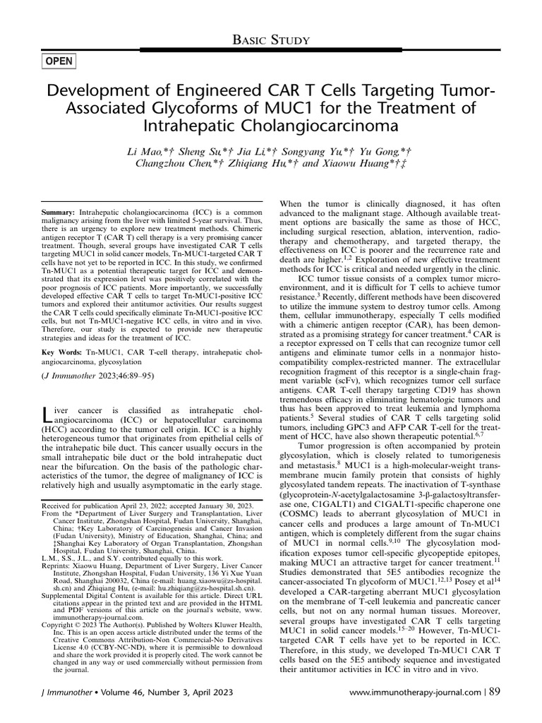 CAR T Cells Targeting Tumor - Associated Glycoforms of MUC Cji-46-89 ...