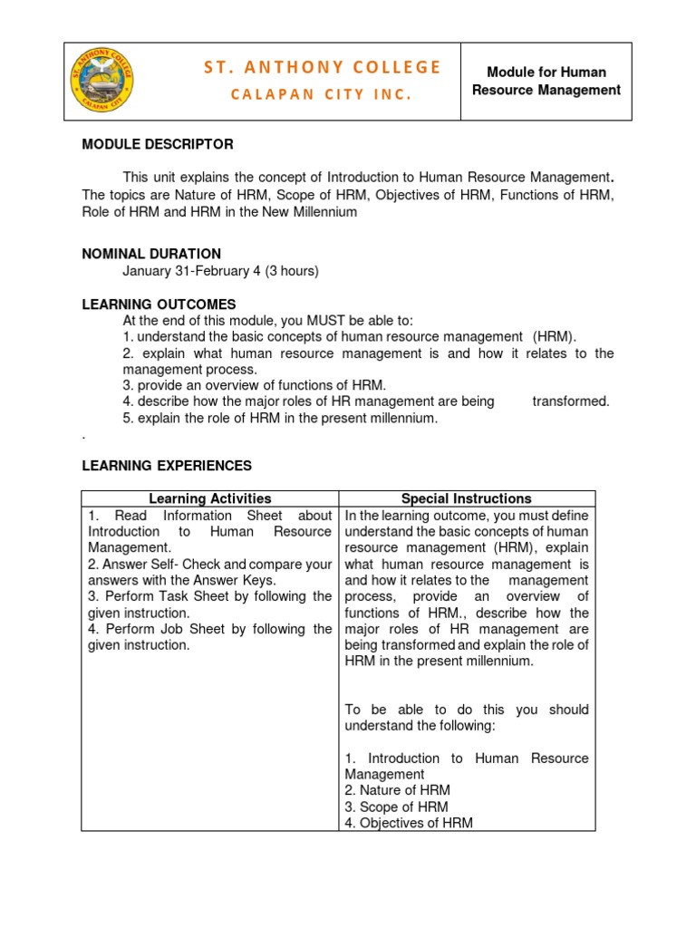 Information Sheet 2 Human Resources | PDF | Human Resource Management ...
