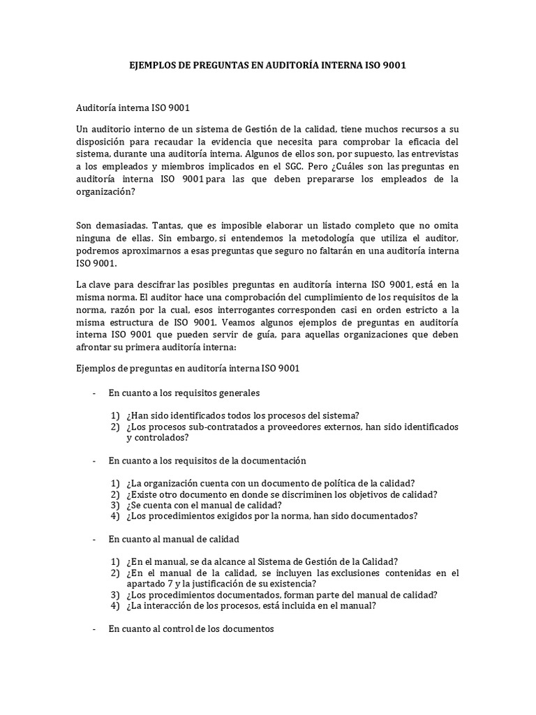 A. Ejemplos de Preguntas en Auditoría Interna ISO 9001 | Descargar ... A. Ejemplos de Preguntas en Auditoría Interna ISO 9001 | Descargar ...