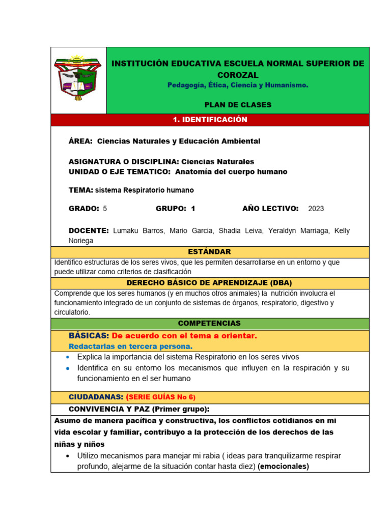 Plan de Clase de Ciencias Naturales Listo | PDF | Sistema respiratorio | Pulmón