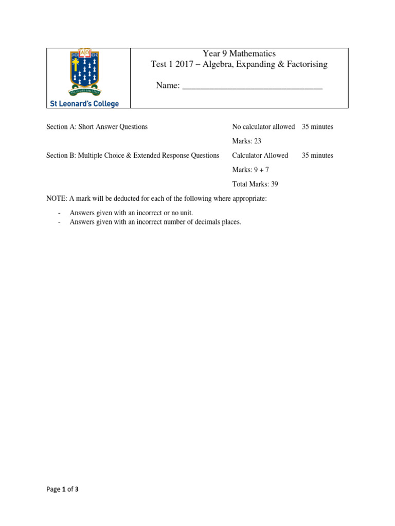 Year 9 Algebra Test 2017 | PDF | Algebra | Mathematics