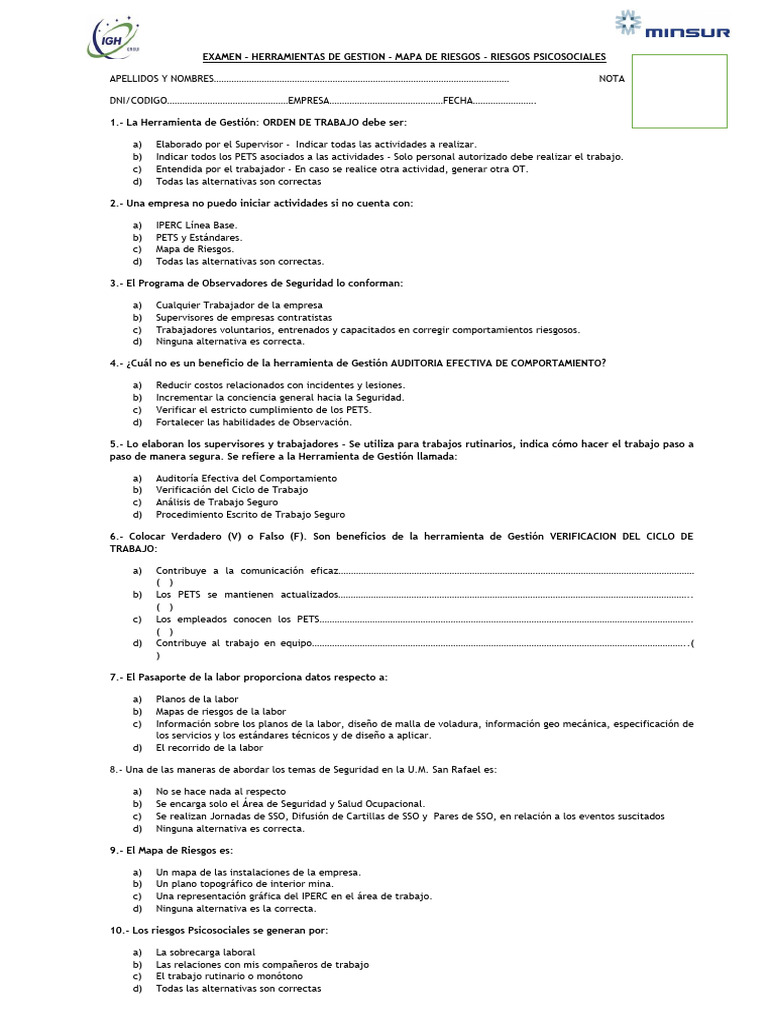 Examen Herramientas de Gestion - Mapa de Riesgos - Riesgos Psicosociales | PDF
