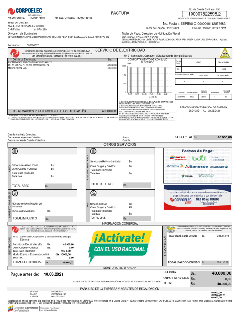 Factura Corpoelec Merida | Descargar gratis PDF | Impuestos | Factura