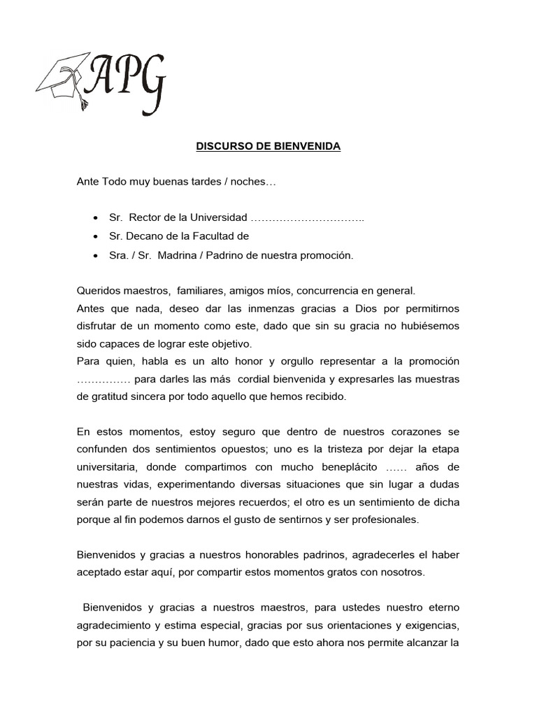 MODELO DISCURSO BIENVENIDA - APG (3) | PDF | Gratitud