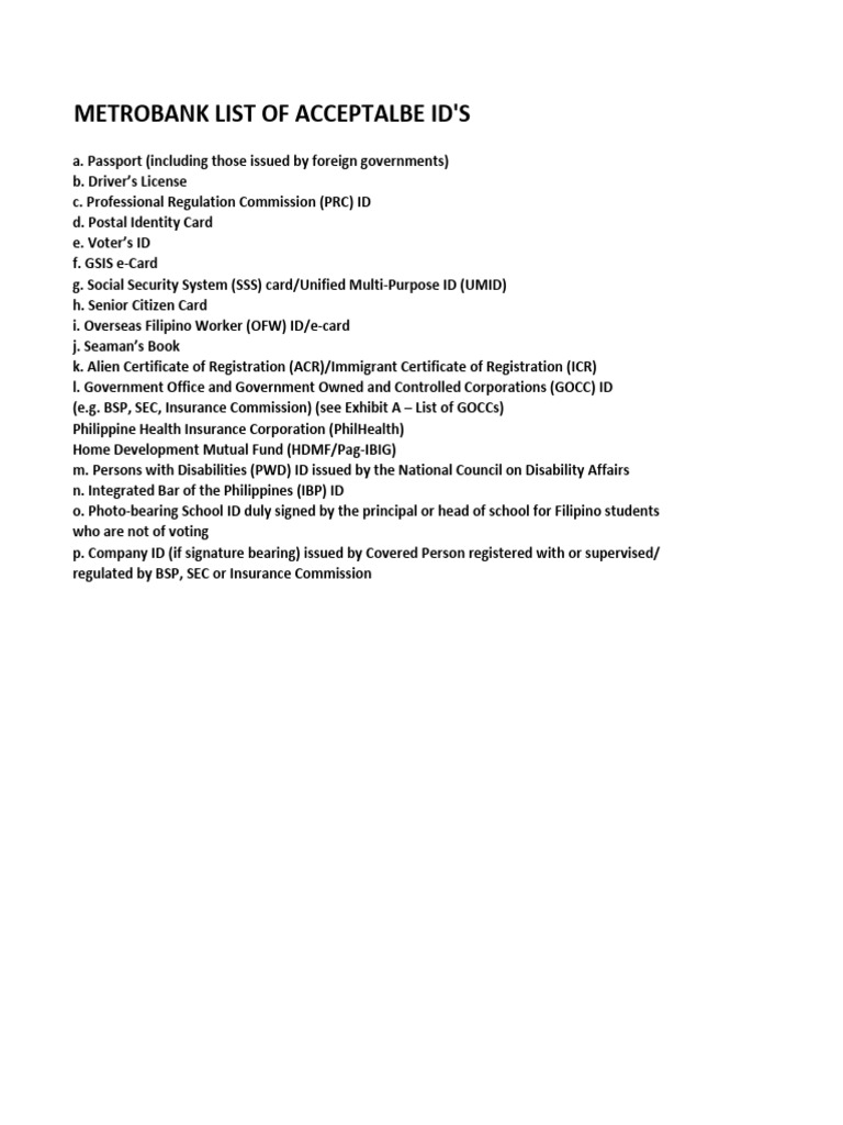 Metrobank Accepted Valid IDs List | PDF | Social Science