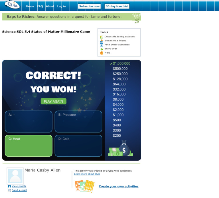 States of Matter Millionaire Game | PDF