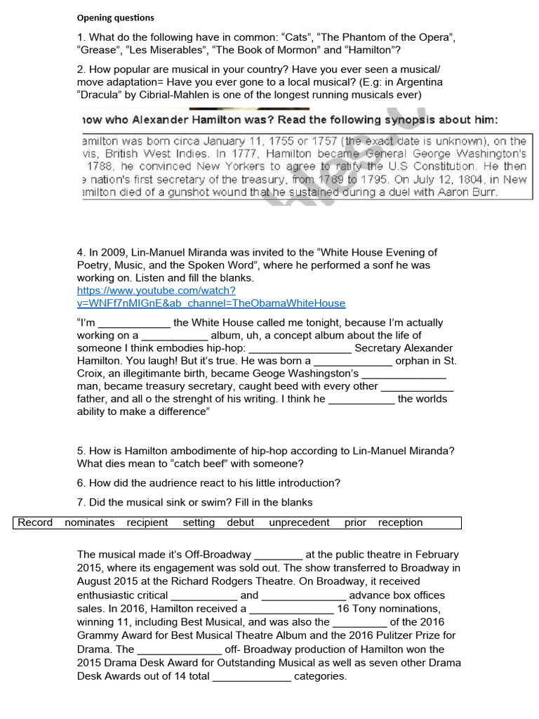 Hamilton The Musical Class | PDF