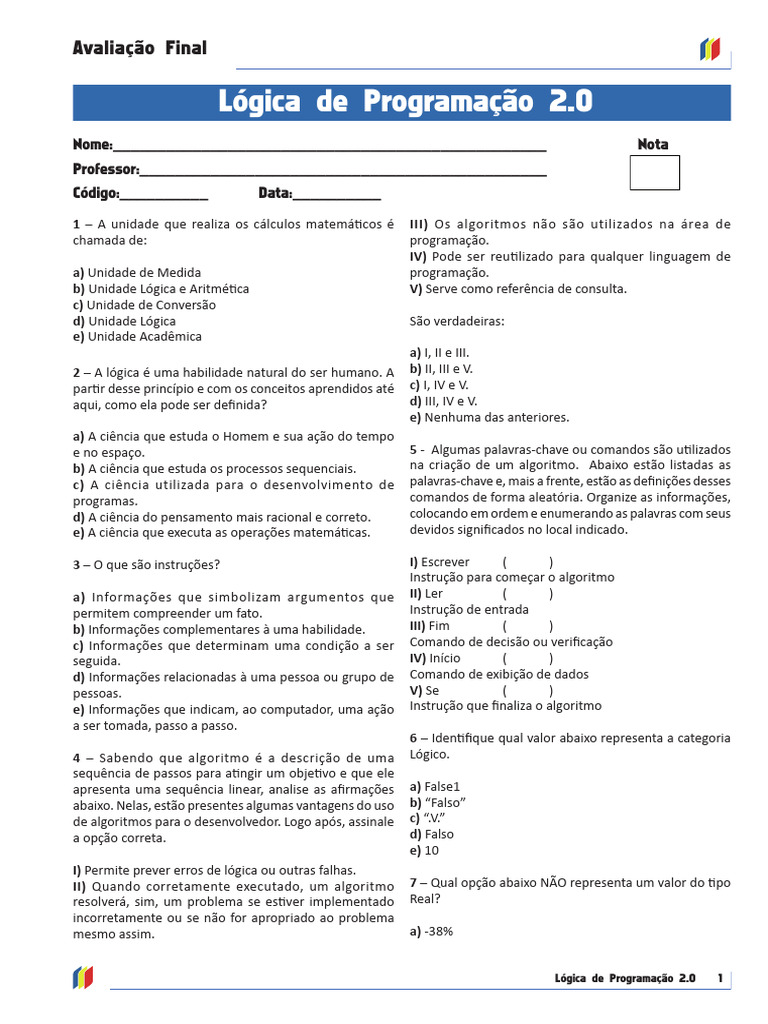 Avaliacao Final - Logica de Programacao 2.0 | PDF