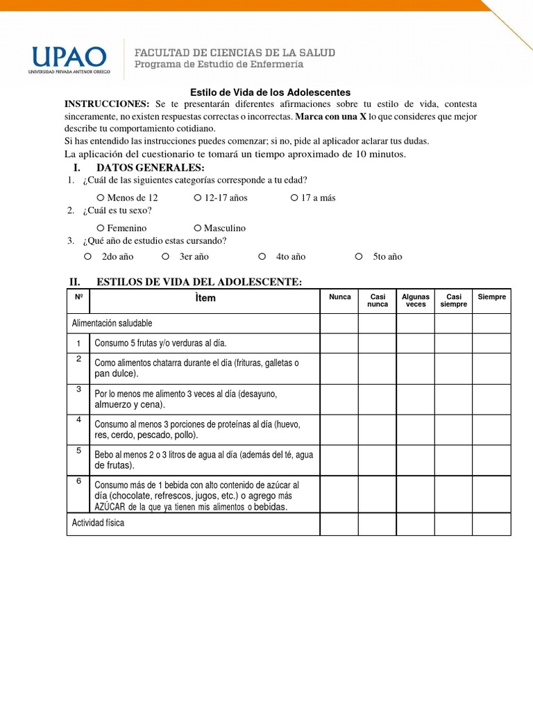 Escala Estilo de Vida de Los Adolescentes | PDF | Alimentos | Comida y ...