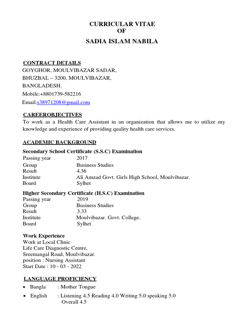 Uk CV Sadia Islam Nabila | Download Free PDF | Health Care