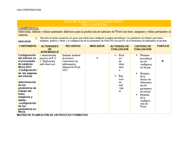 Matriz de Planeación de Un Proceso Formativo | Descargar gratis PDF | Evaluación | Informática