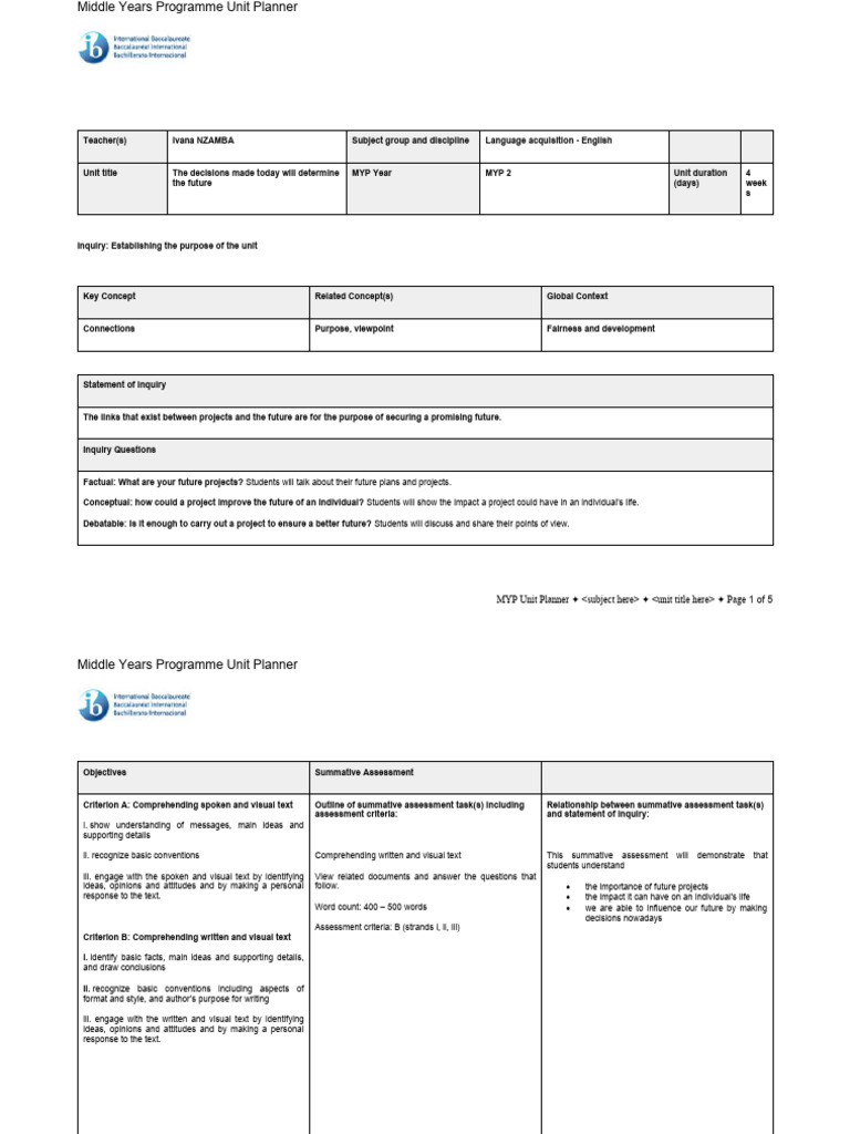 0.unit Planner 5 MYP 2 EN | PDF