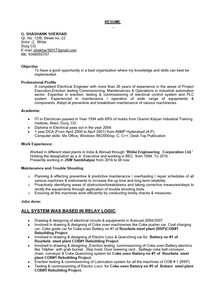 RESUME Shekhar | PDF | Coke (Fuel) | Programmable Logic Controller