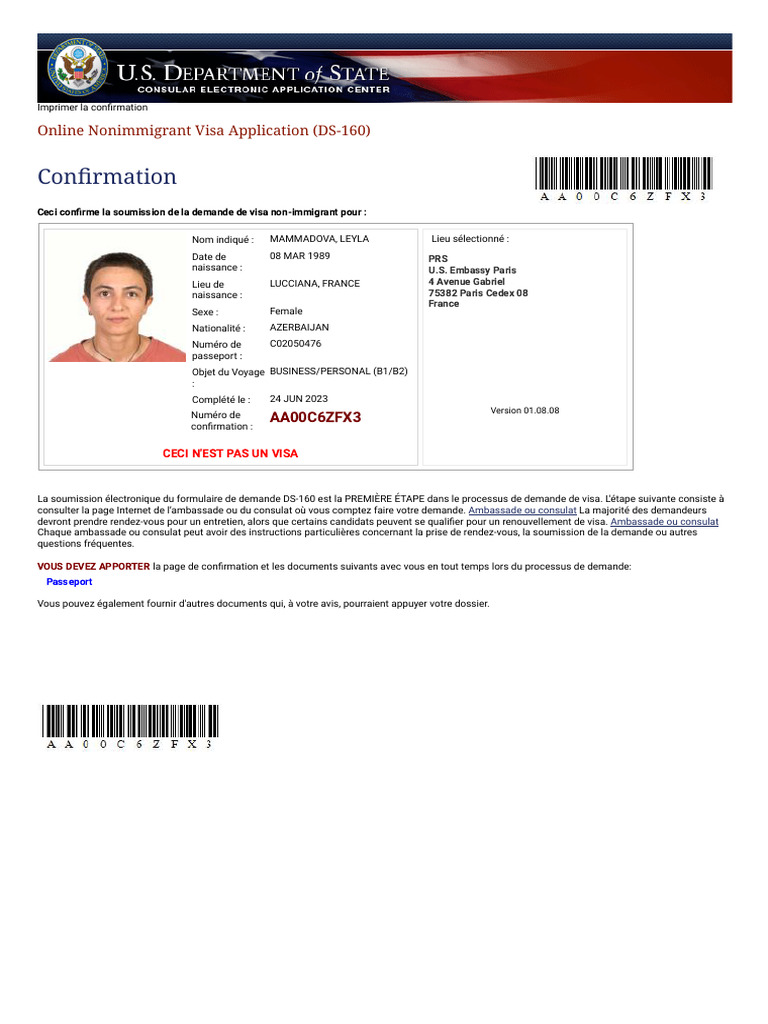 Nonimmigrant Visa - Confirmation Page | PDF