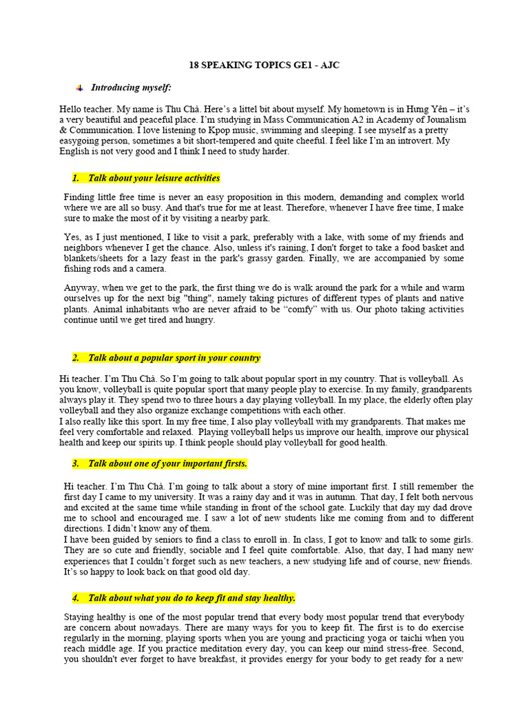 18 Speaking Topics Ge1 Ajc | PDF