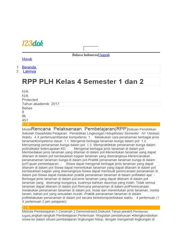 RPP PLH Kelas 4 Semester 1 Dan 2: Rencana Pelaksanaan Pembelajaran (RPP) | PDF