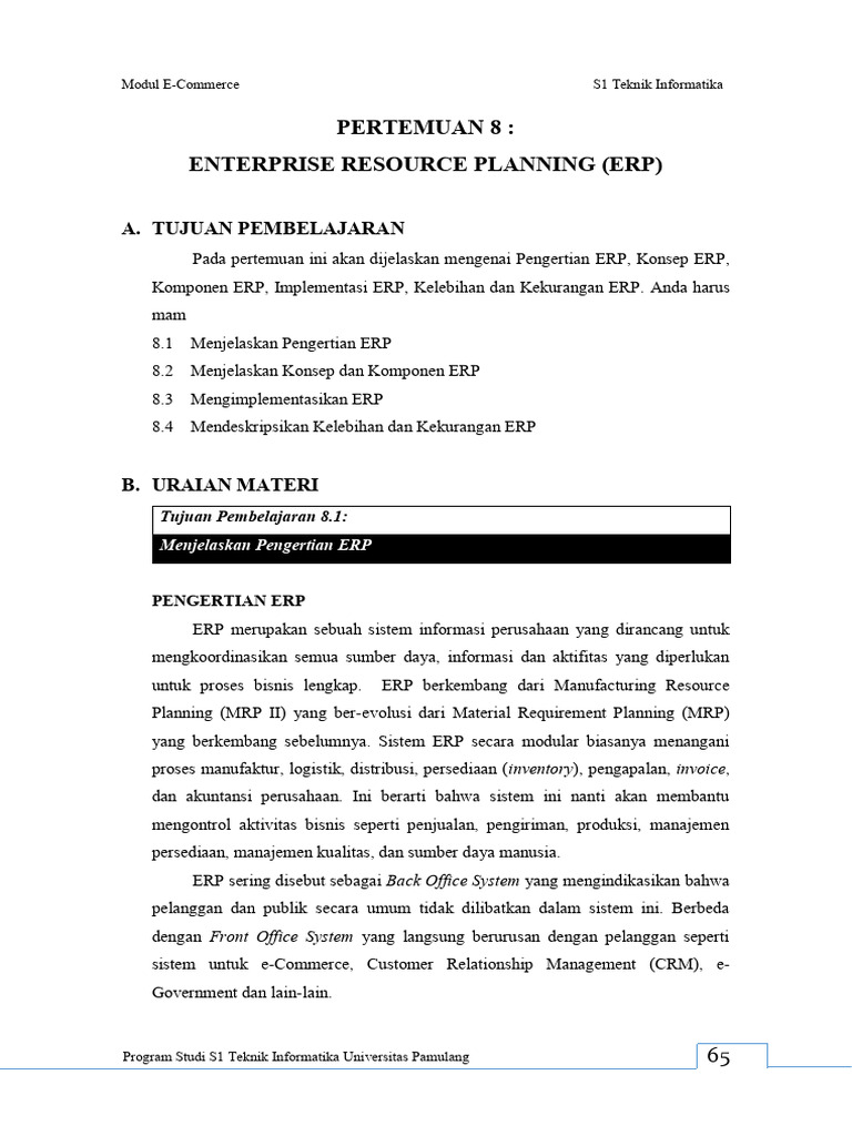 Pertemuan 8 - Enterprise Resource Planning (Erp) | PDF | Bisnis | Teknologi & Rekayasa